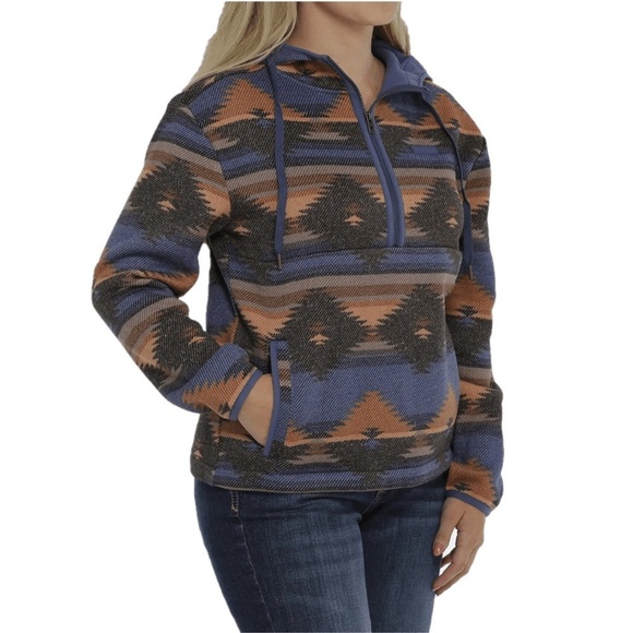 Cinch | Sweaters | Cinch M Blue Aztec Geometric Pullover Hoodie Fleece ...